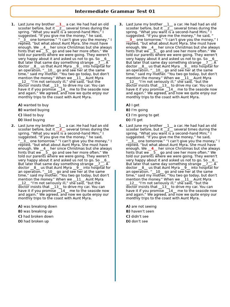 Intermediate Grammar Test 01 | PDF