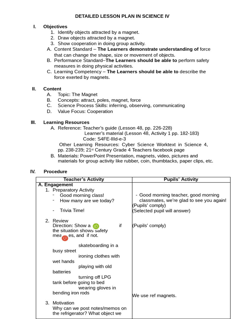 Detailed Lesson Plan On Lesson 48 Magnets | PDF | Magnet | Lesson Plan