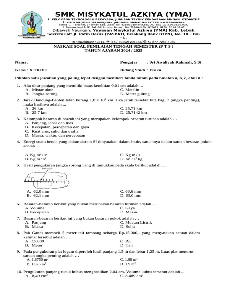 Soal PTS Fisika X Tkro Ganjil 2024-2025 | PDF