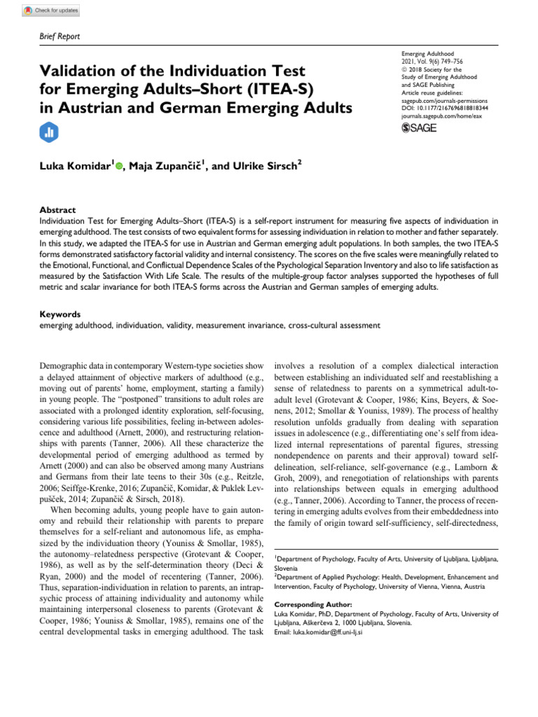 Validation of The Individuation Test For Emerging Adults-Short (ITEA-S ...