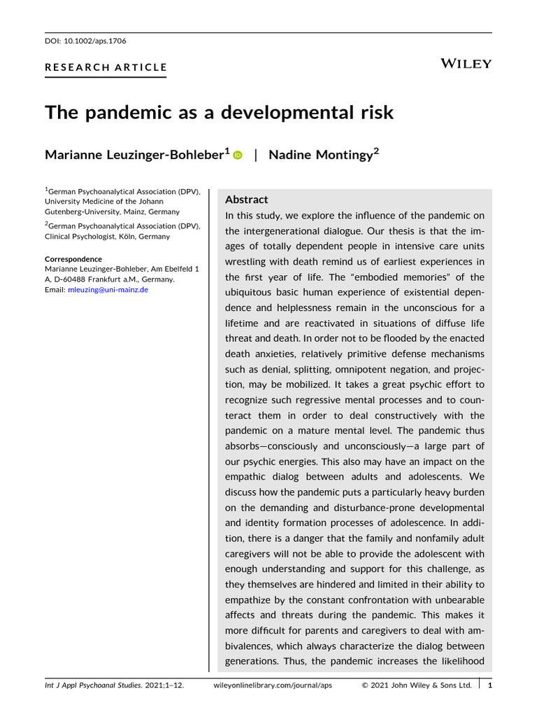(COVID) (Impact) (Dev) The Pandemic As A Developmental Risk | PDF | Adolescence | Attachment Theory