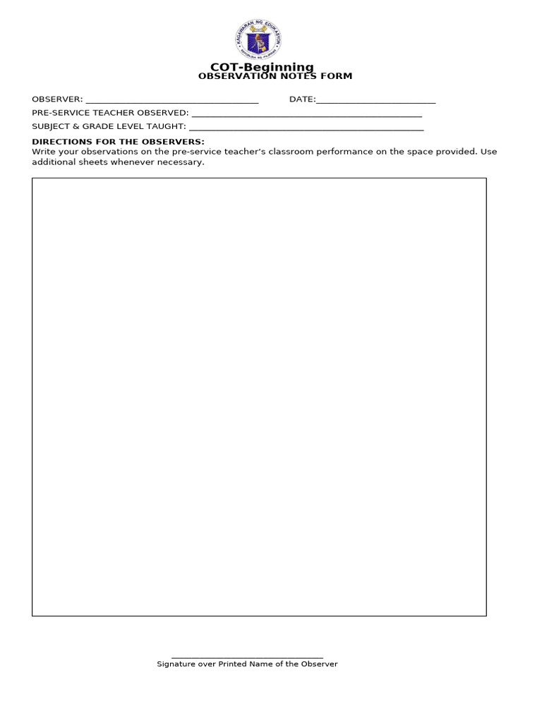COT Beginning Observation Notes Form | PDF