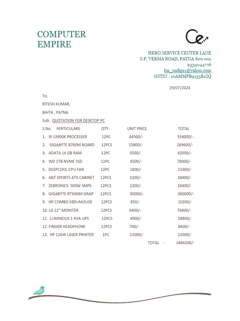 Quotation for Desktop PC and HP 126W | PDF