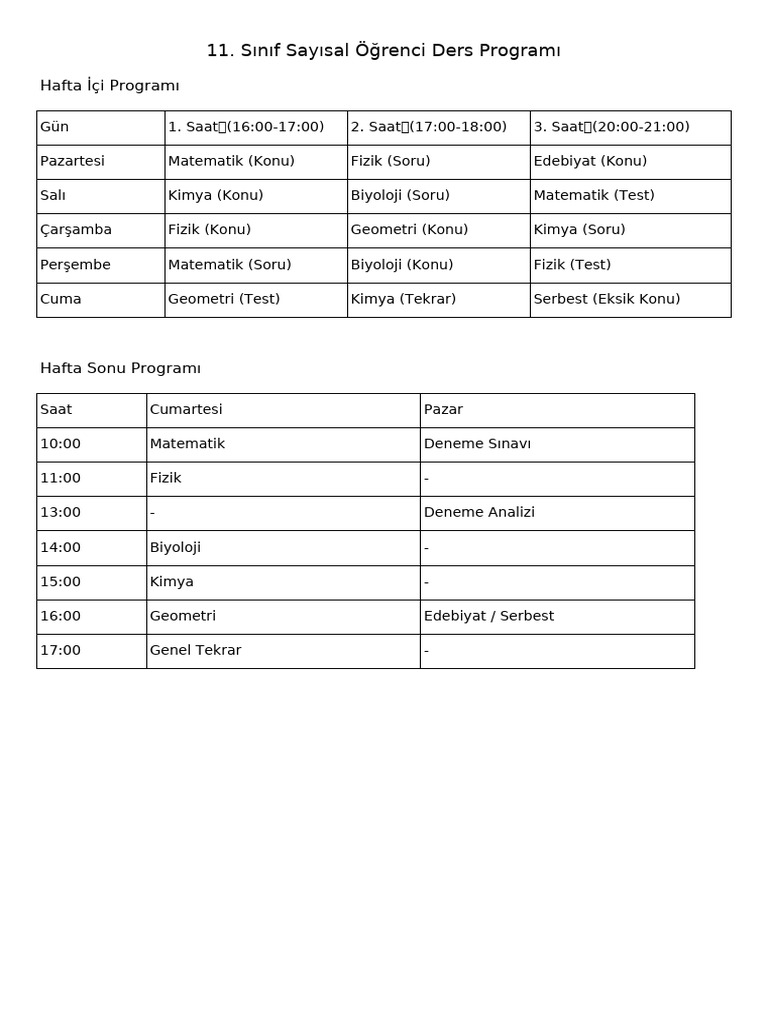 Ders Programi 11 Sinif | PDF