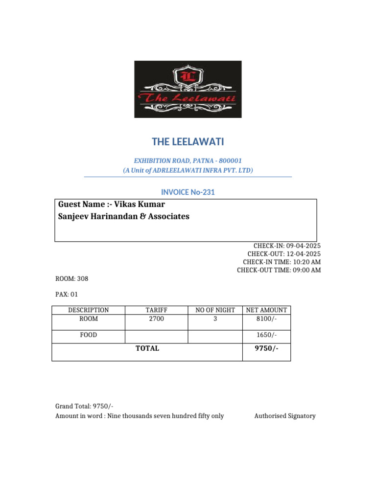 Hotel Bill Vikas | PDF