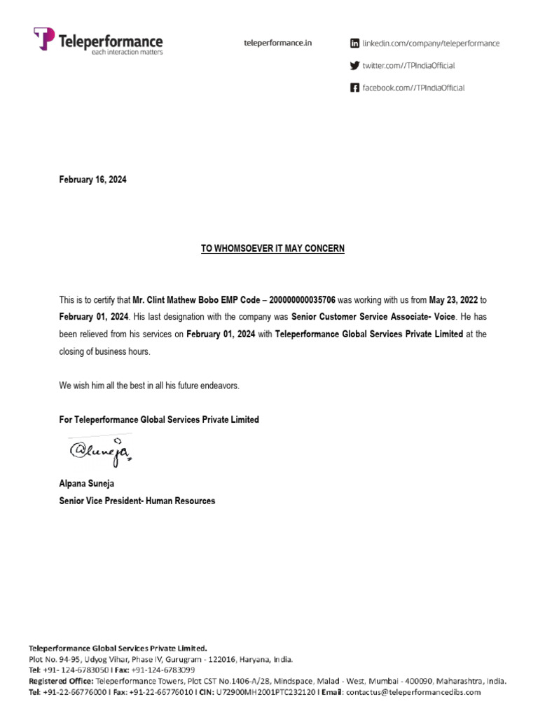 Experience Cum Relieving Letter | PDF