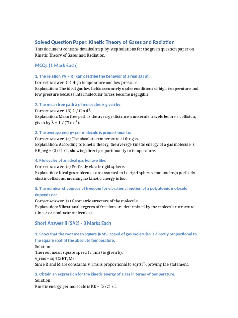 Solved Kinetic Theory Paper | PDF | Gases | Temperature