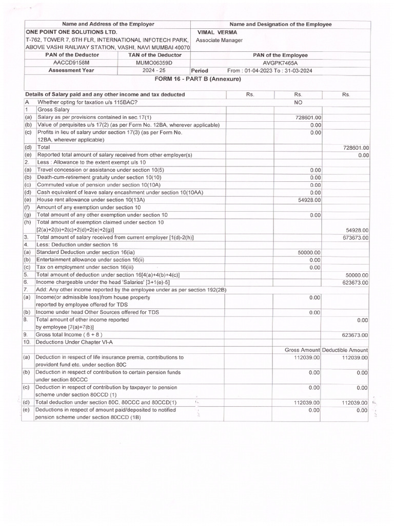 Vimal Verma Form 16 2023-24 OPO | PDF