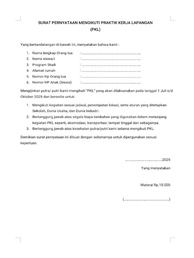 Surat Pernyataan PKL | PDF