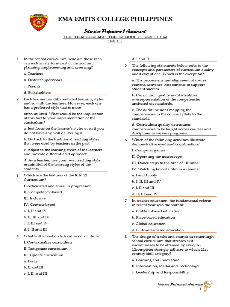 Teacher and School Cur. Drill 1 | PDF | Curriculum | Learning
