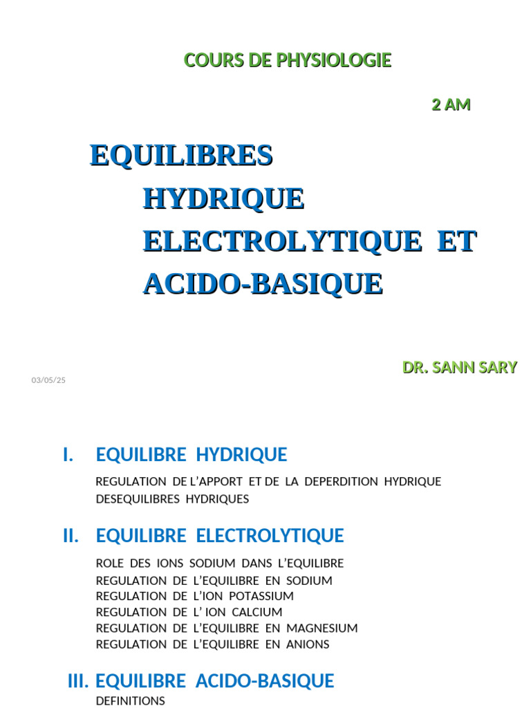 Équilibres hydrique, électrolytique et acido-basique | PDF | Acide ...