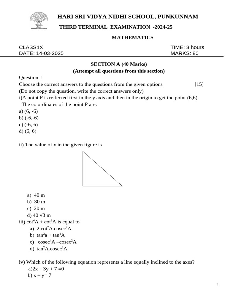 Third Terminal Examination - Maths IX First Revised | PDF | Triangle ...