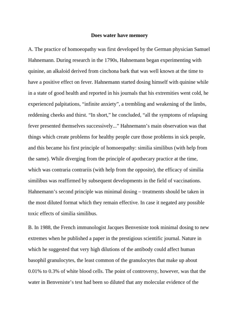 Handout Does water have memory | PDF | Homeopathy | Health Sciences