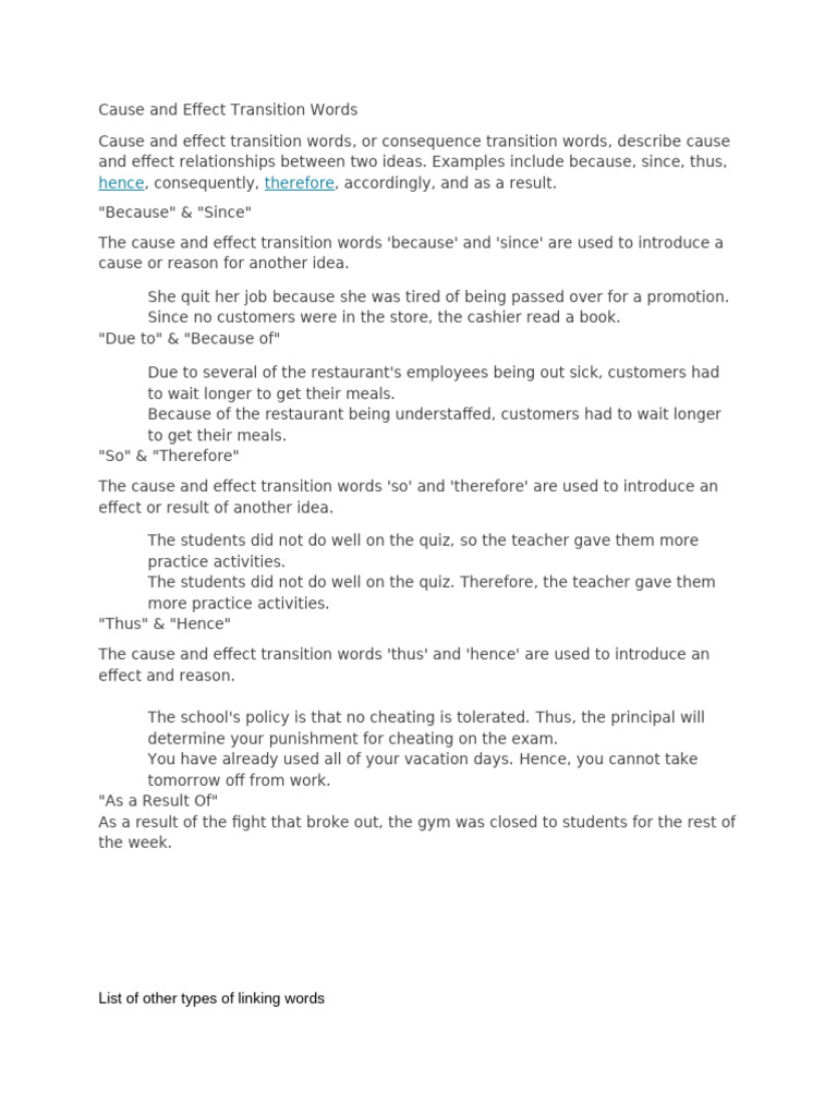 Cause and Effect Linking Words | PDF
