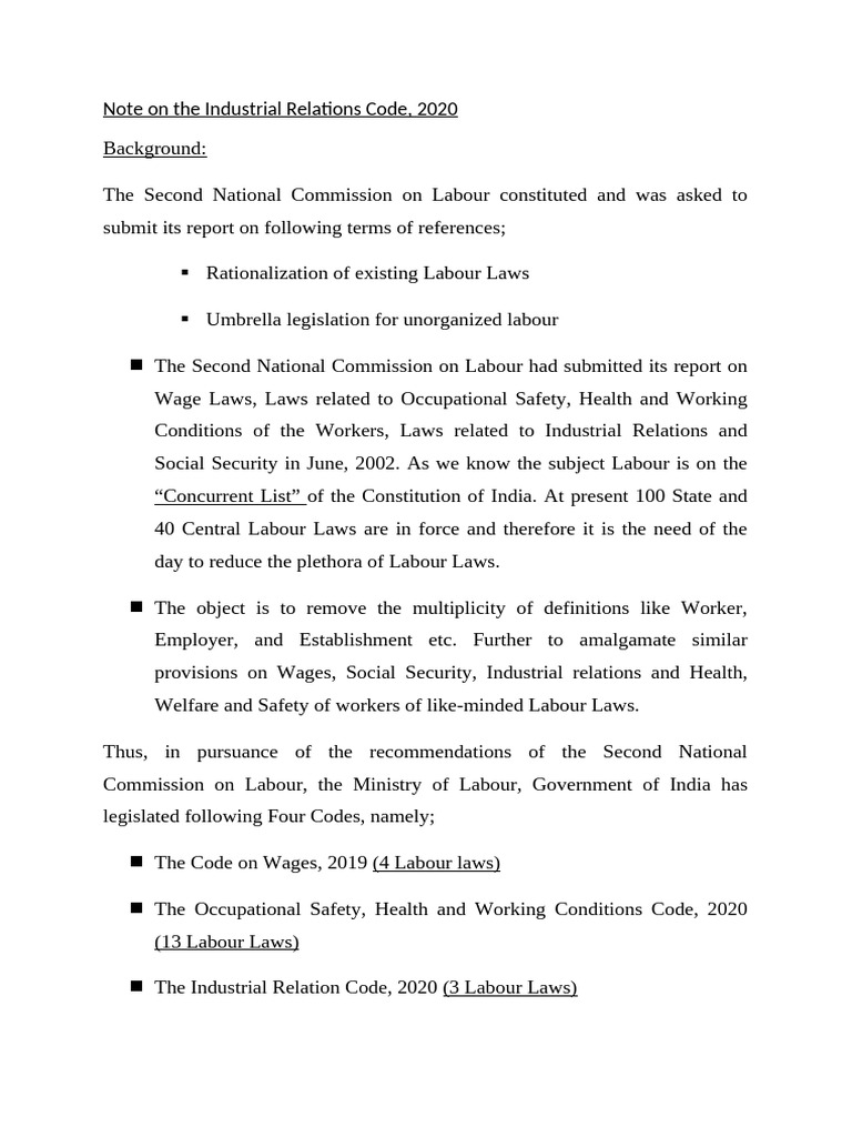 Note On The Industrial Relation Code, 2020 | PDF | Labour Law | Labour ...