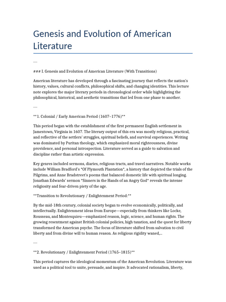 Elaborated Genesis and Evolution of American Literature | PDF ...