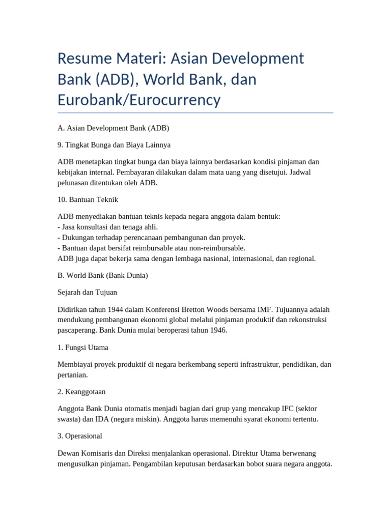 Resume ADB WorldBank Eurobank | PDF