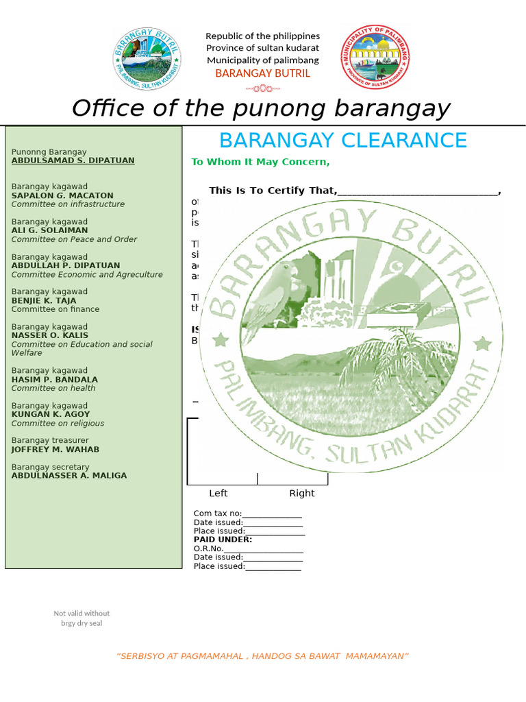 Barangay Clearance Certificate Sample | PDF