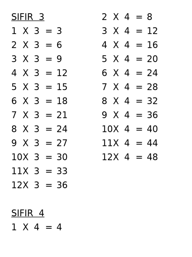 Multiplication Tables for 3 and 4 | PDF