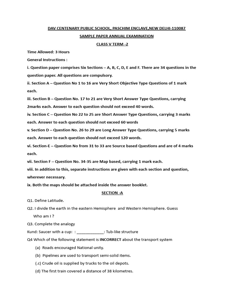 Class 5 Term 2 Science Sample Paper | PDF | Rotation | Earth
