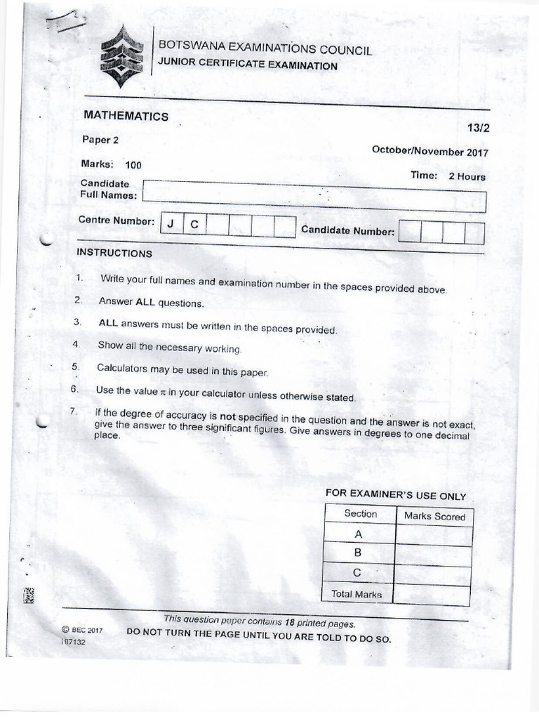 Maths Jce 2017 Paper 2 | PDF