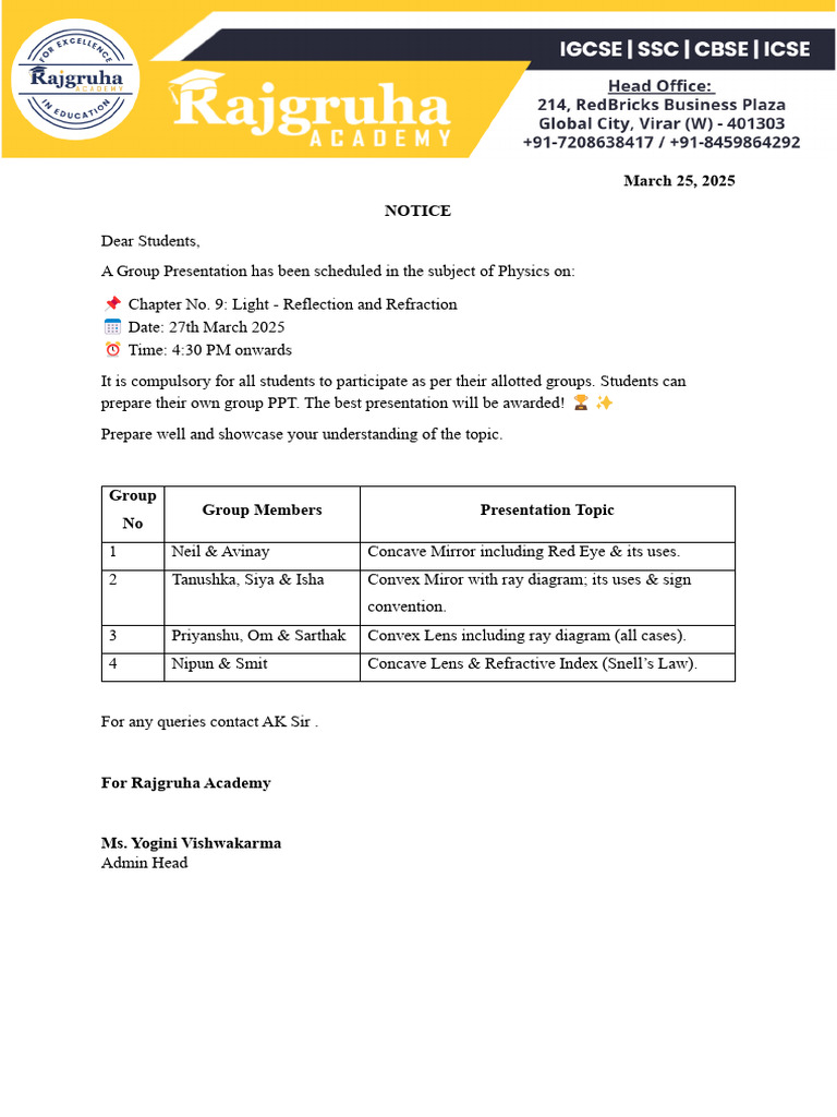 Physics Presentation Notice - Rajgruha Academy | PDF