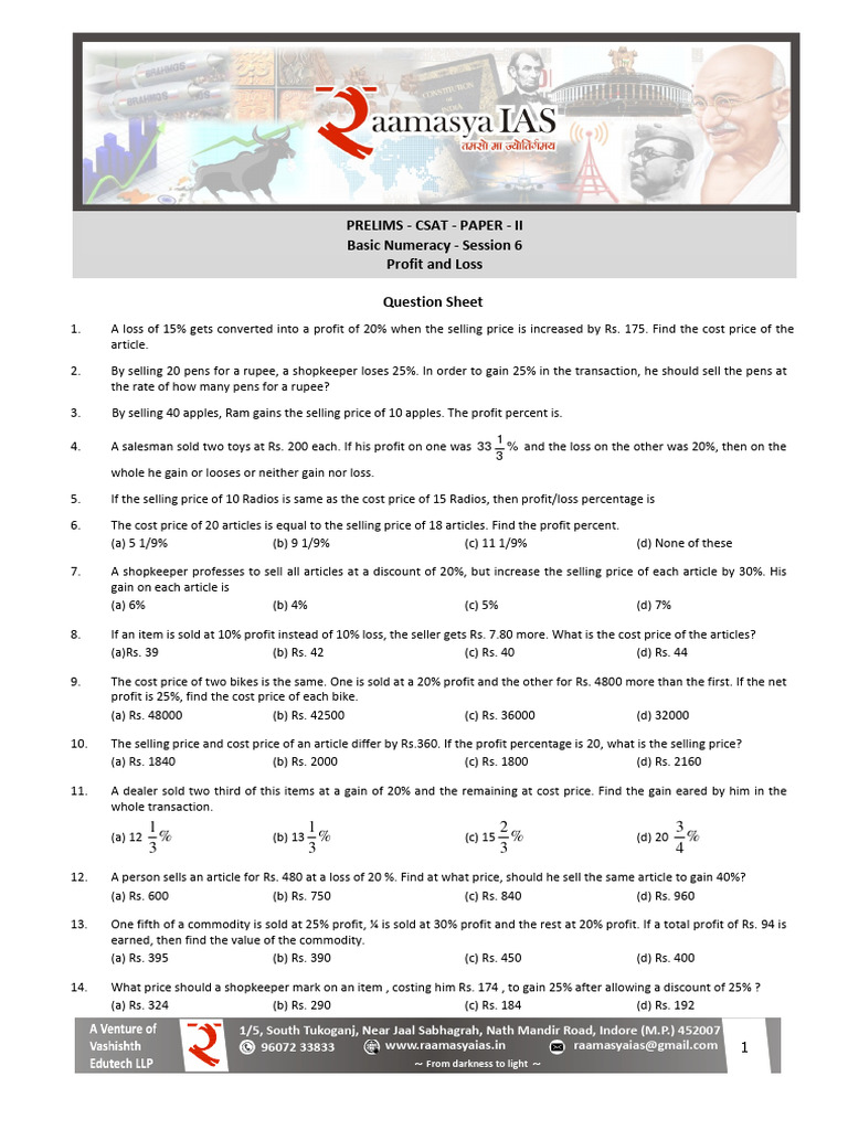 CSAT - Basic Numeracy - Session 6 - Profit and Loss - NEW | PDF ...