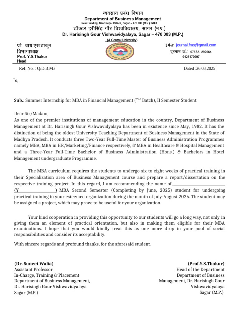 Summer Internship Letter - MBA Finance Proforma | PDF | Master Of Business Administration ...