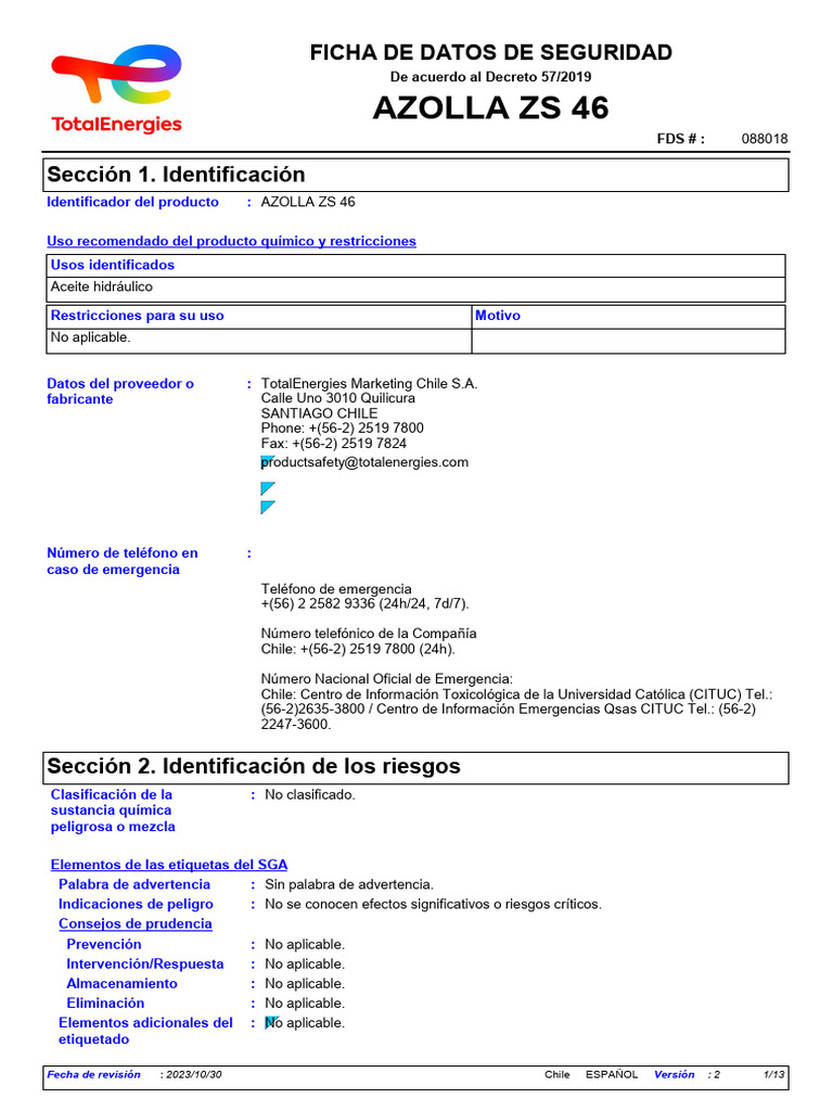 Ficha de Seguridad del Aceite AZOLLA ZS 46 | PDF | Residuos | Reciclaje