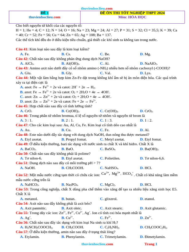 thuvienhoclieu.com-10-De-on-thi-TN-THPT-mon-Hoa-2024 | PDF