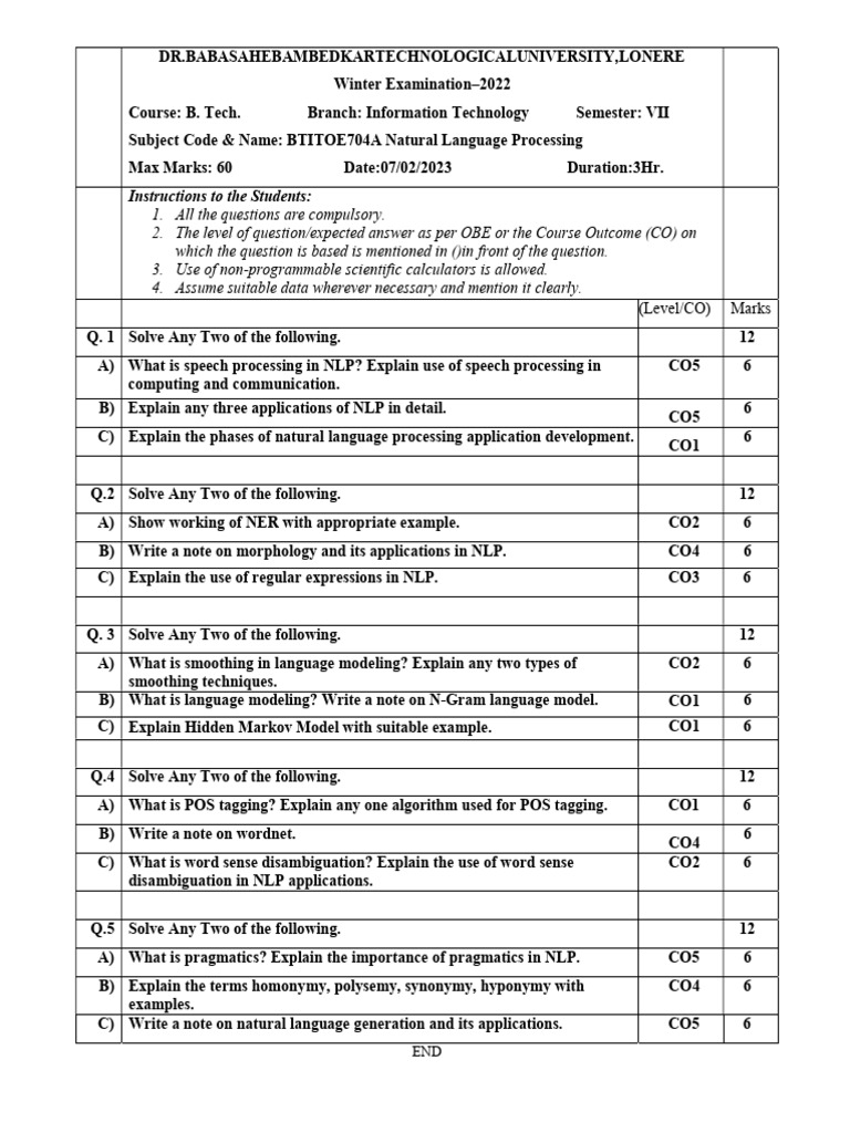 NLP Winter Exam 2022 Questions | PDF | Linguistics | Learning