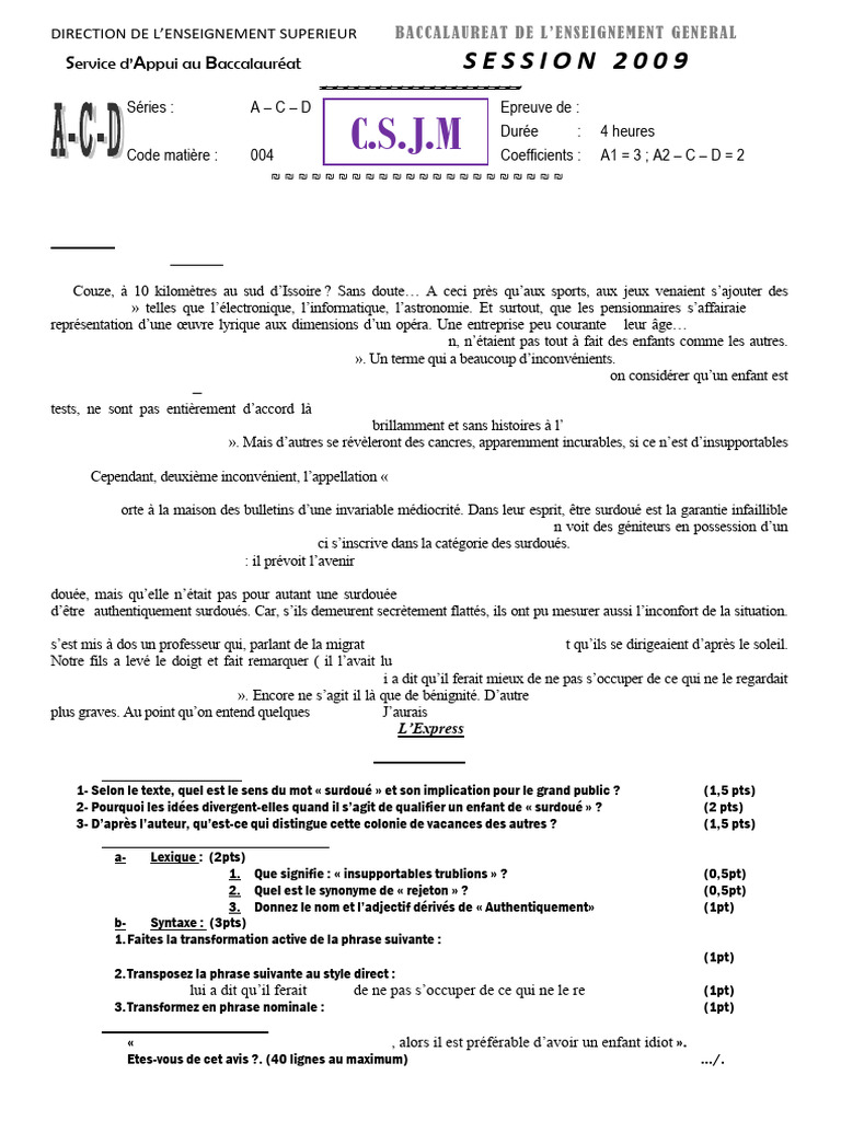 Sujet Bac Français 2009 Madagascar | PDF | Surdoué