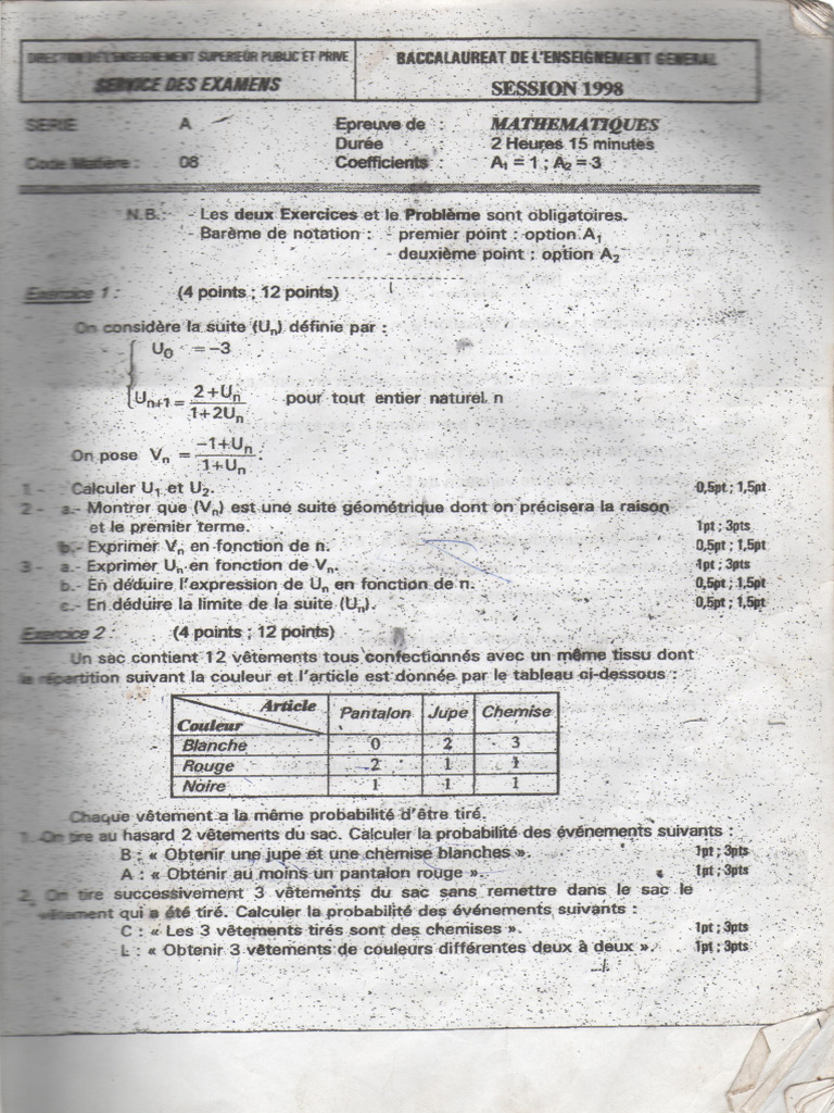 Bac Mada SerieA2 Mathematiques 1998 | PDF