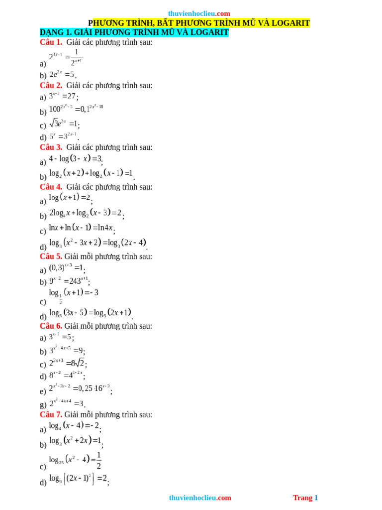 Cac Dang Toan Bai PT BPT Mu Va Logarit Hay | PDF