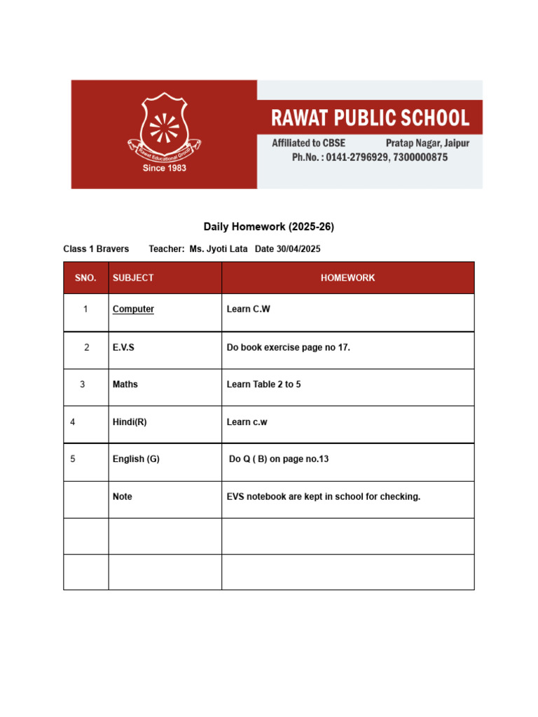 Daily Homework Class 1 Bravers-1 | PDF
