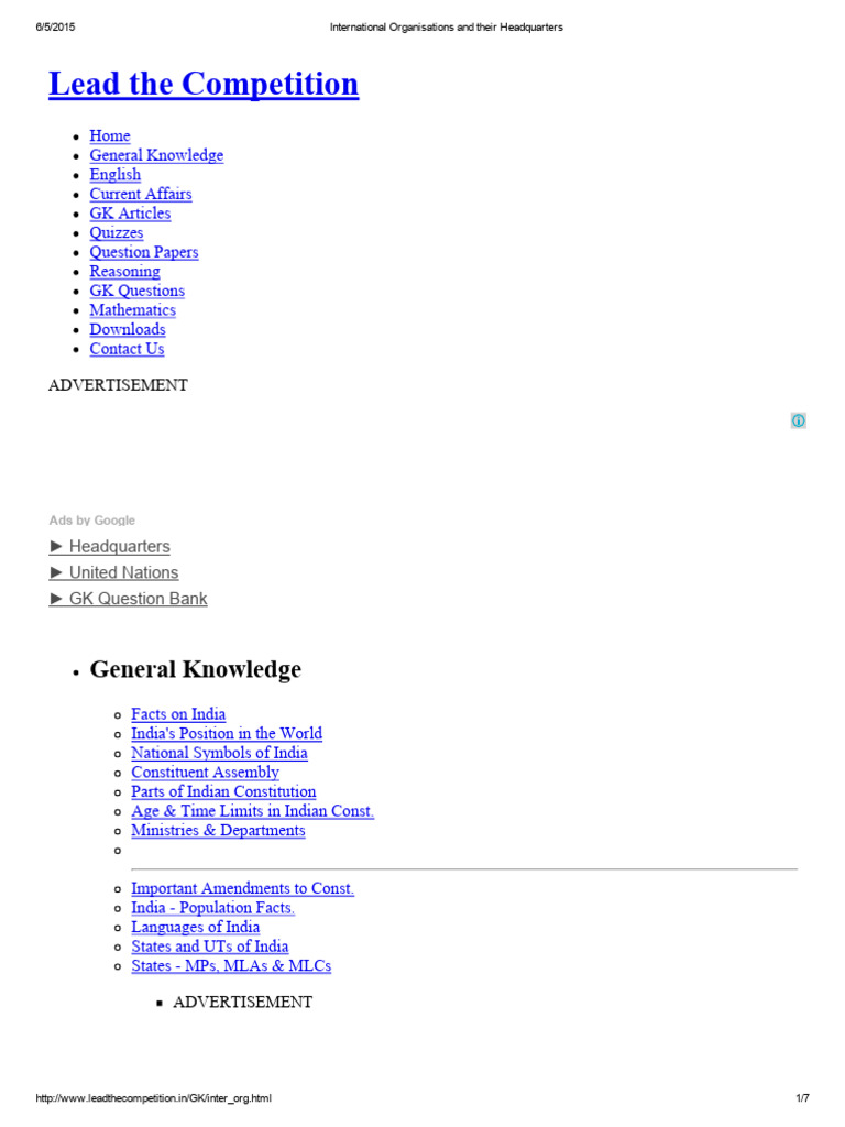 International Organisations and Their Headquarters | PDF | Switzerland ...