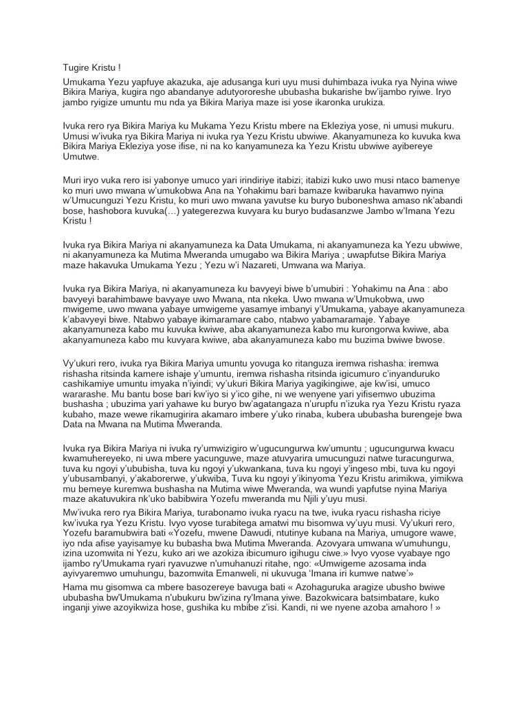 IVUKA RYA BIKIRA MARIYA NYINA WA YEZU NI UMWIZERO W'ABANTU. 8 Nyakanga, Umusi Mukuru W'ivuka Rya ...