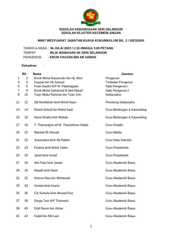 Bil 2.1 2023-2024 3. Minit Mesyuarat Koko | PDF