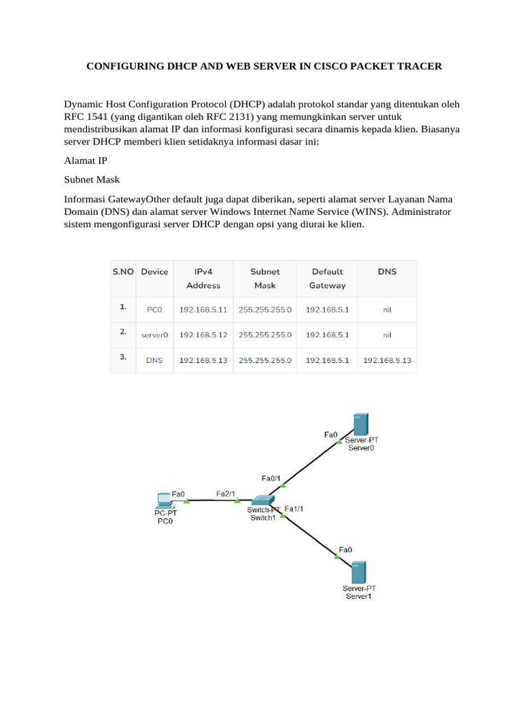 Configuring DHCP and Web Server in Cisco Packet Tracer | PDF