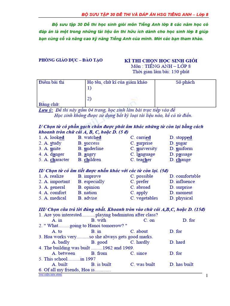 Bo Suu Tap 30 de Thi Va Dap An HSG Tieng Anh Lop 8 0128 | PDF