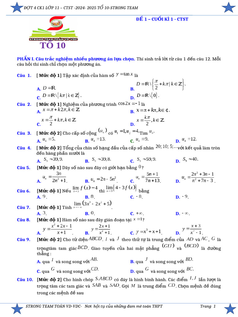 T 10 Đot 4 de 1 CK1 Toan 11 CTST 2024 2025 | PDF