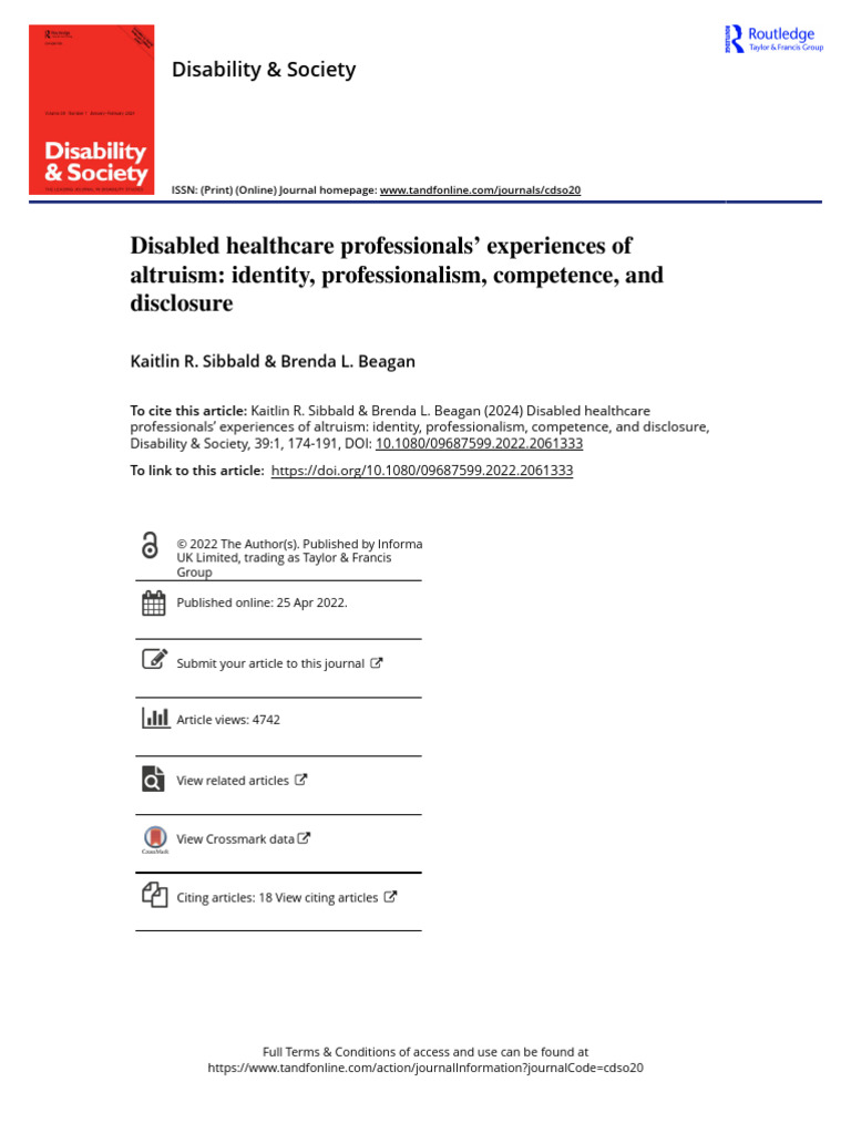 Disabled Healthcare Professionals Experiences of Altruism Identity ...
