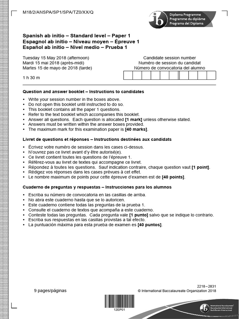 Spanish Ab Initio Paper 1 Question Booklet SL Spanish | PDF