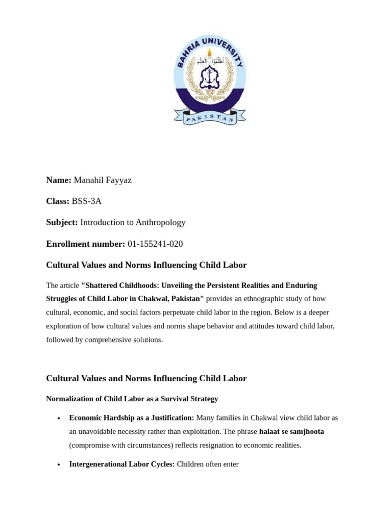 Detailed Analysis of Cultural Values and Norms Influencing Child Labor ...