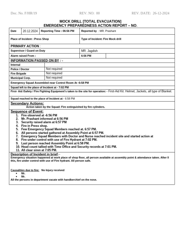 Fire Mock Drill Emergency Report | PDF | Emergency Evacuation ...