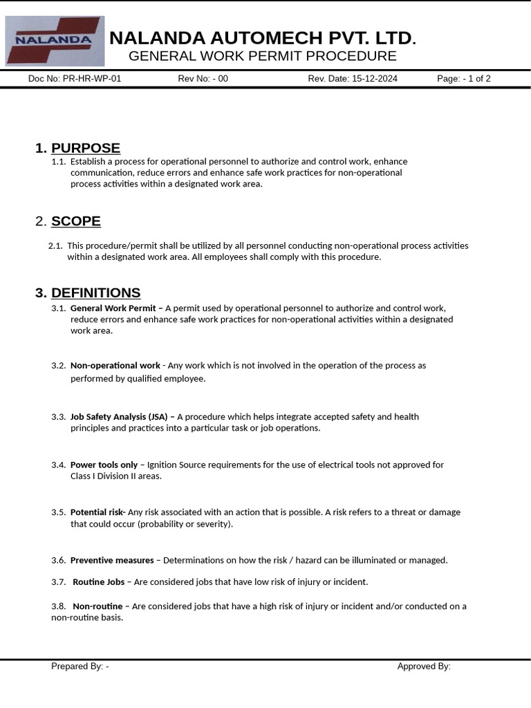 14. General Work Permit Procedure | PDF | Workplace | Occupational ...