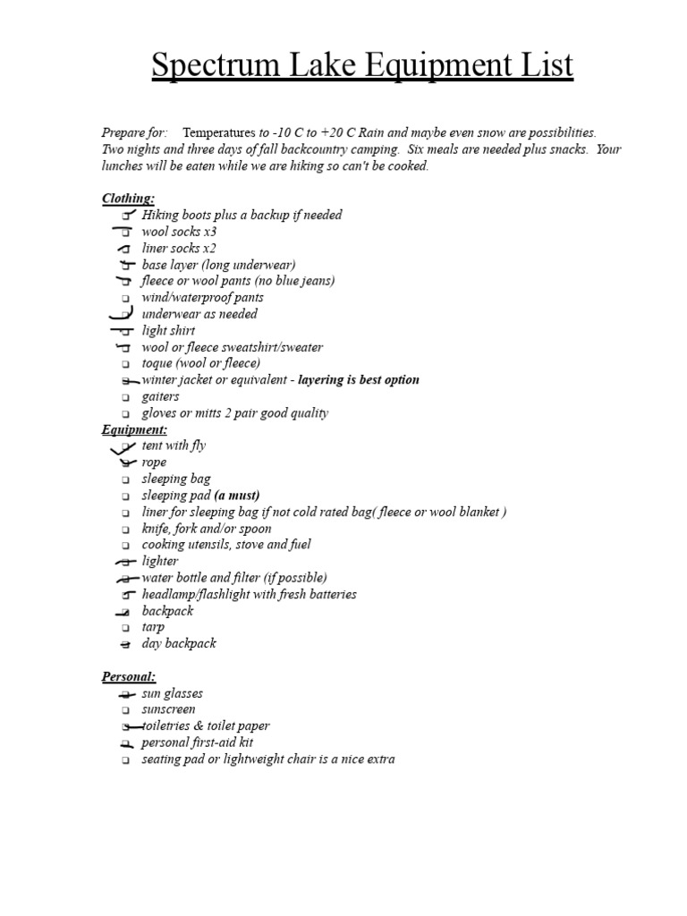 Spectrum Lake Equipment List | PDF