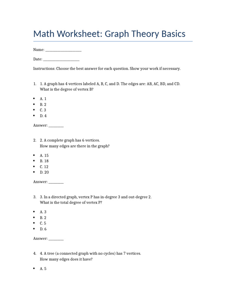 Graph Theory Worksheet | PDF