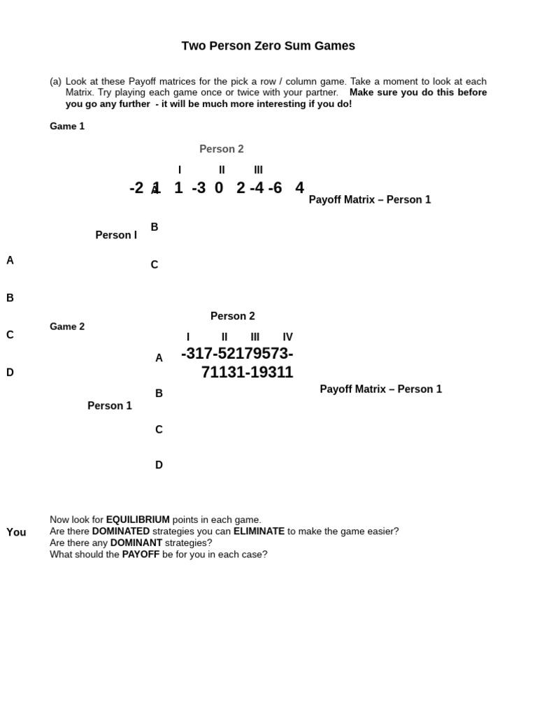 Game Theory Worksheet 1 - 2 Person Zero Sum Games | PDF | Matrix (Mathematics) | Game Theory