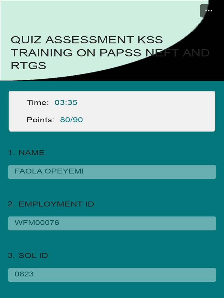 Quiz Assessment Kss Training On Papss Neft and Rtgs | PDF